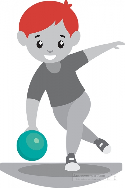 boy wearing red tee shirt throws green Bowling ball gray color c ...