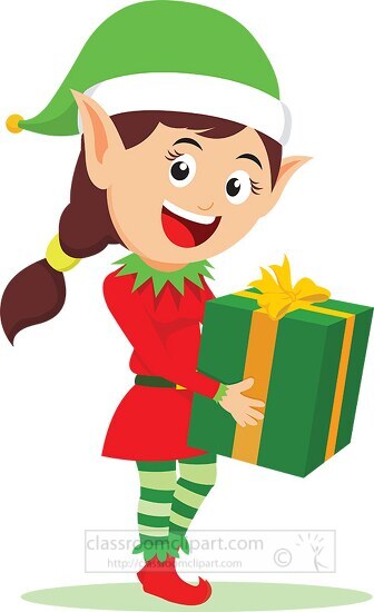christmas elf girl holding gift box clipart - Classroom Clip Art