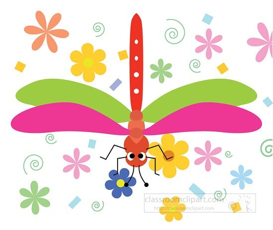 Insect Clipart-colorful dragonfly surrounded spring flowers clipart