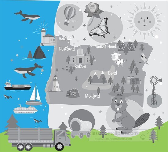 Free colorful illustrated oregon state map with icons landmarks gray ...