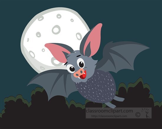 Bat Clipart - cute cartoon style bat flying in the air with full moon ...