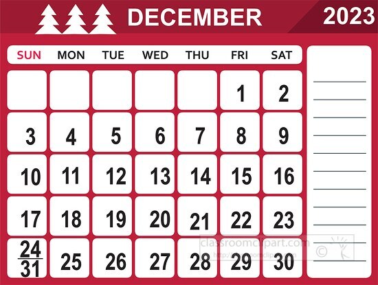 Calendar Clipart-december 2023 calendar with days of the week printable ...