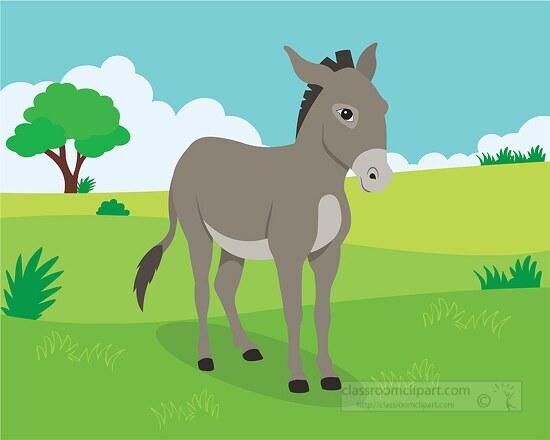 Donkey standing in hilly meadow clipart - Classroom Clip Art
