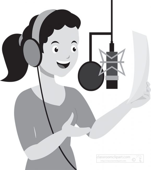 female voice over artist speaking into microphone gray color cli ...