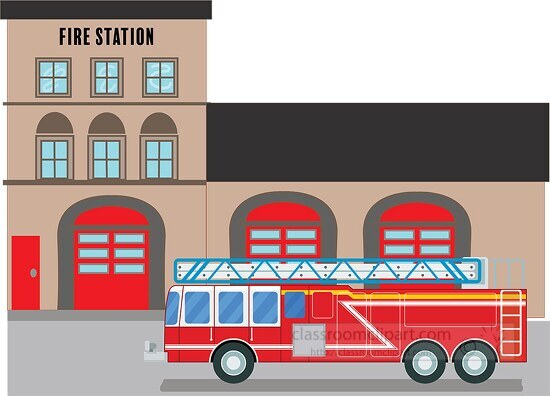 fire engine truck parked at firestation clipart - Classroom Clip Art