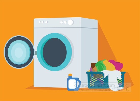 flat illustration of washing machine and basket full of clothes ...