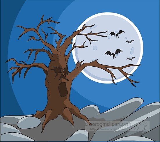 full moon with scary tree and bats halloween - Classroom Clip Art