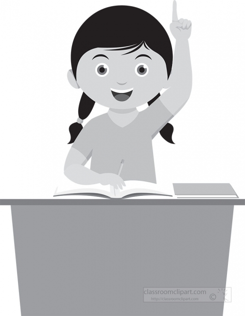 girl at desk raising hand in classroom school gray color clipart ...