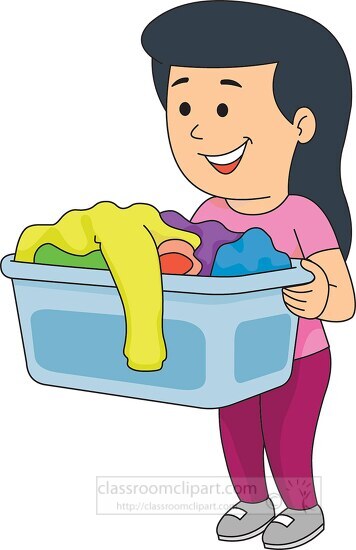 girl carries laundry basket doing chores clipart - Classroom Clip Art