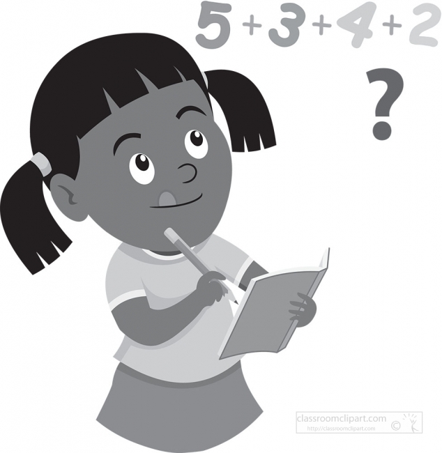 girl holding pencil solving math in note book gray color clipart ...