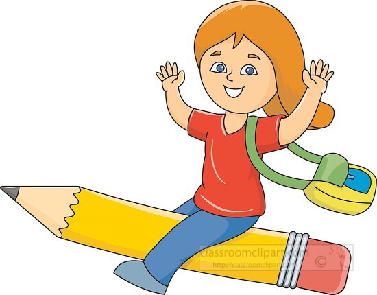 girl riding on pencil back to school 2 - Classroom Clip Art