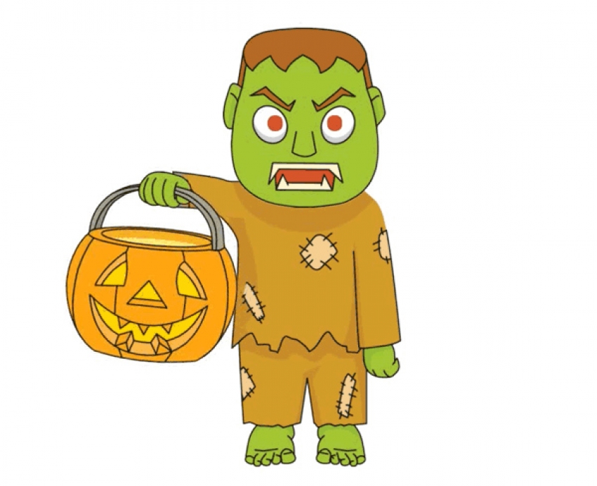 green monster holding pumpking basket halloween - Classroom Clip Art
