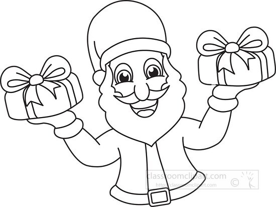 happy santa with gifts in both hands black outline - Classroom Clip Art