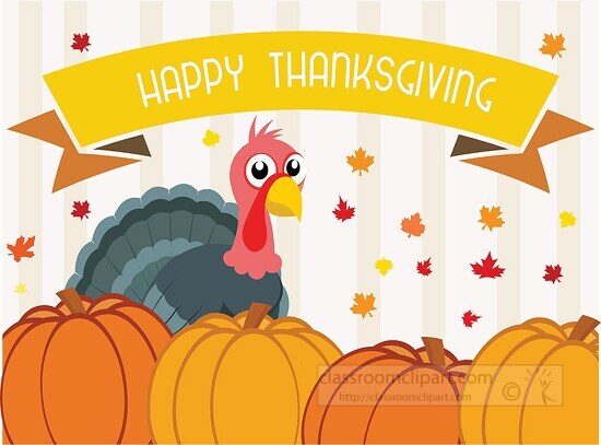 happy thanksgiving banner with cartoon turkey pumpkins - Classroom Clip Art
