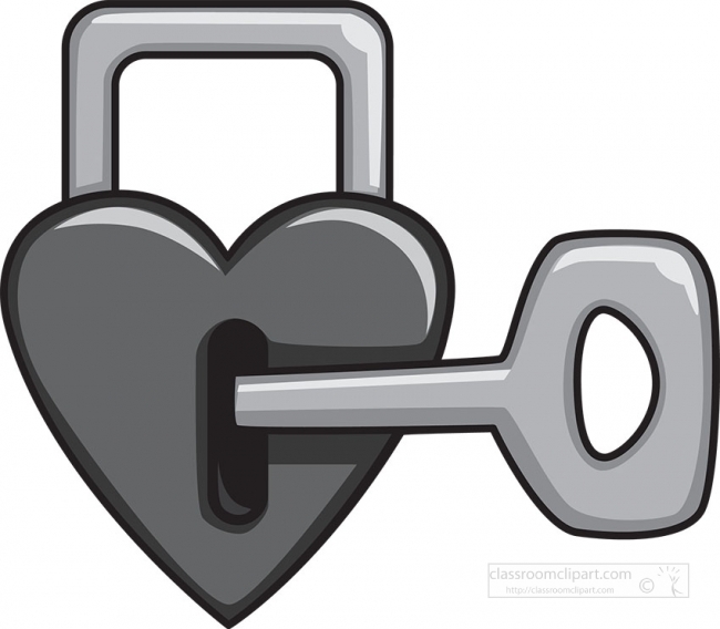 heart lock with gold key gray color clipart - Classroom Clip Art
