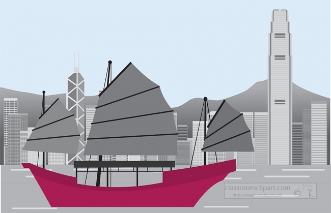 Buildings Gray Clipart-junk boat in hong kong harbor with city in ...