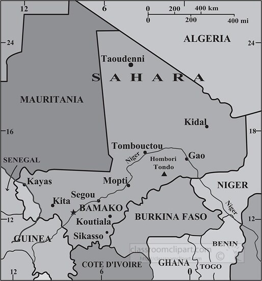 Mali country map gray color - Classroom Clip Art
