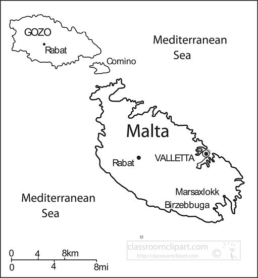 Malta country map black white - Classroom Clip Art
