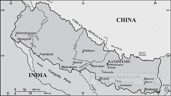Nepal country map gray color - Classroom Clip Art