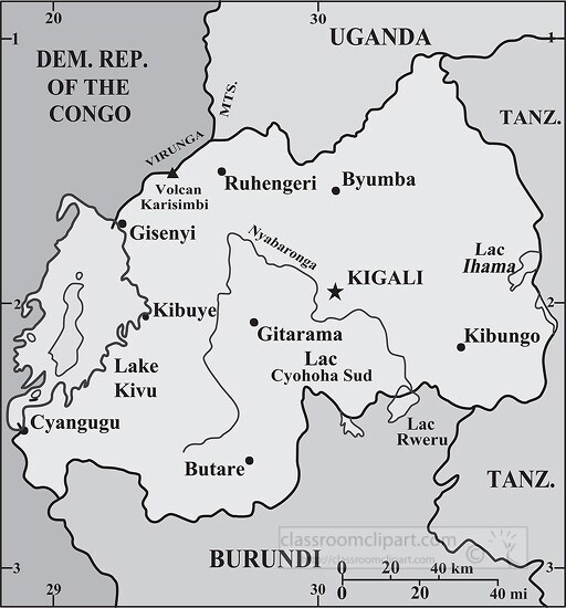 Rwanda country map gray color - Classroom Clip Art