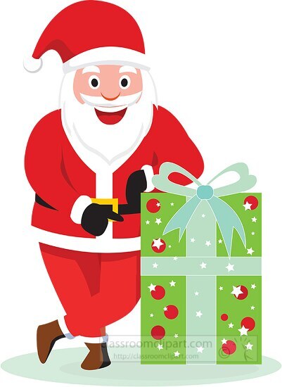 santa claus pointing to large wrapped gift - Classroom Clip Art