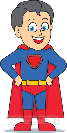 smiling super hero wearing cape hallloween costume - Classroom Clip Art