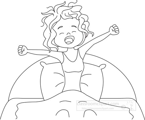 stretching in bed wakeup in the morning black outline - Classroom Clip Art