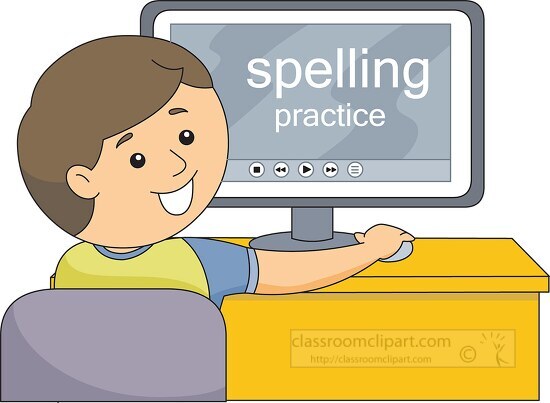 students spelling practice on computer - Classroom Clip Art