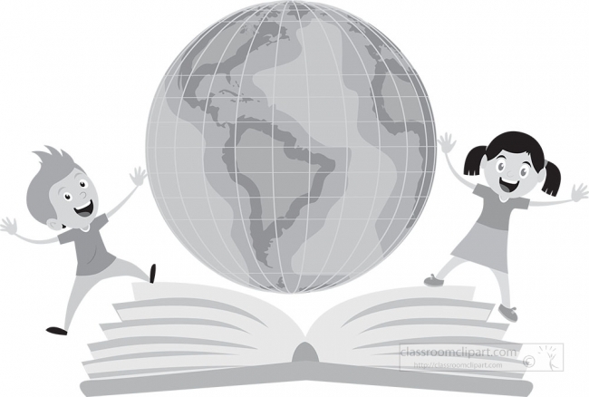 students standing on open book with world globe gray color clipa ...
