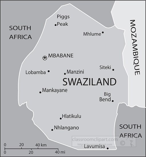 Swaziland country map gray color - Classroom Clip Art