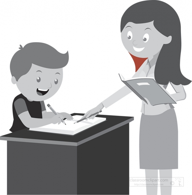 teacher helping student in study 2 gray color clipart - Classroom Clip Art