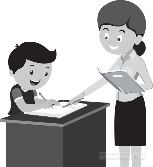 teacher helping student in study gray color clipart - Classroom Clip Art
