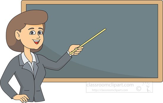 teacher holding pointer at blank chalkboard - Classroom Clip Art