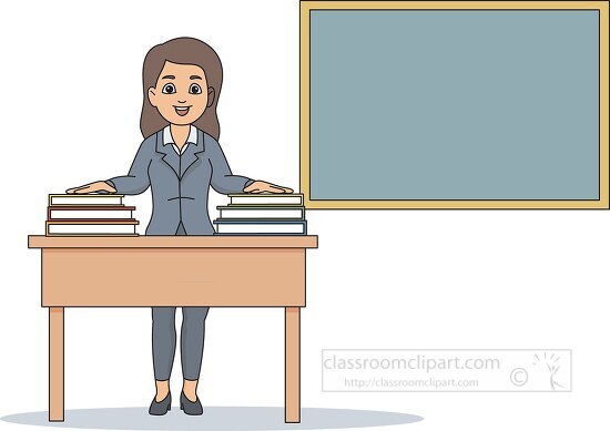 teacher in classroom with stack books on desk - Classroom Clip Art