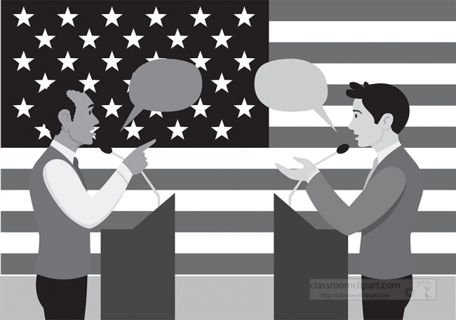 two men debating before election flag in background - Classroom Clip Art