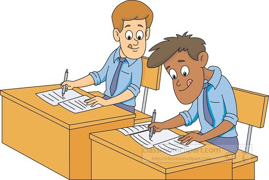 two students sitting at desk taking an exam - Classroom Clip Art