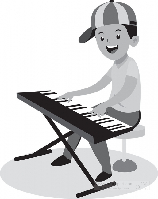 young boy musician playing musical instrument keyboard gray colo ...