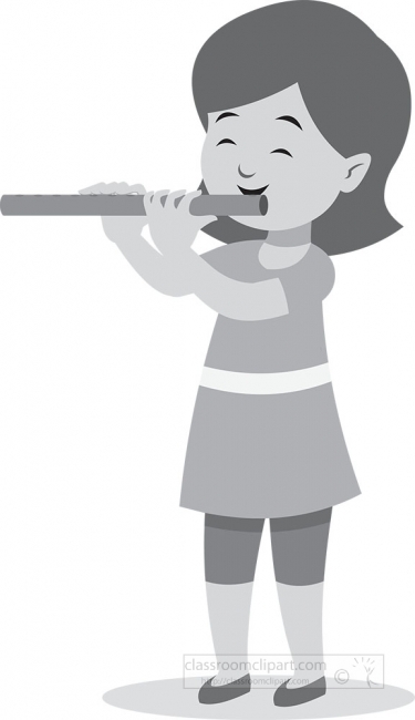 young girl musician playing musical instrument flute gray color ...