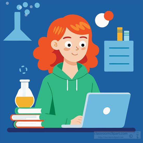 Science Clipart-Young Woman Studying on Laptop