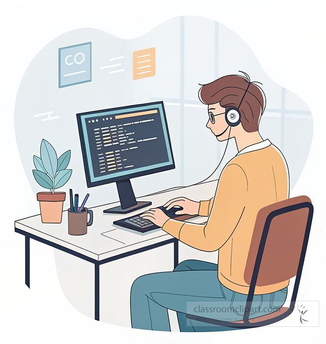 Occupation Clipart-modern style developer coding at desk with plant and ...