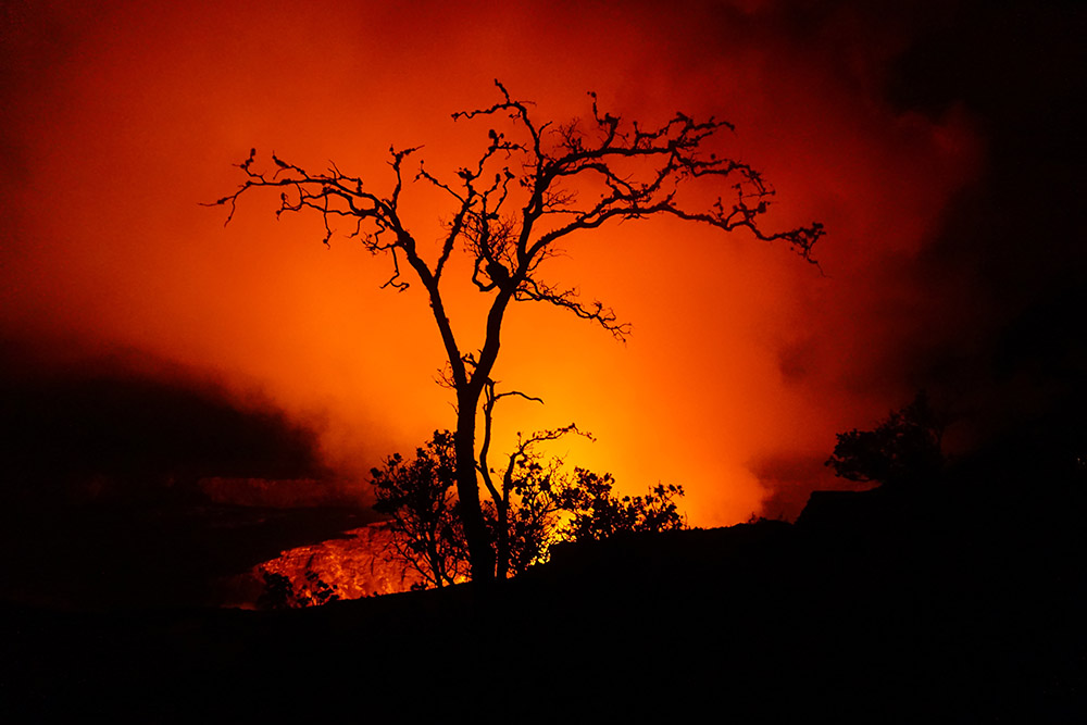 Volcanoes : tree-is-backlit-by-eruption-in-halemaumau-crater,-kīlauea ...